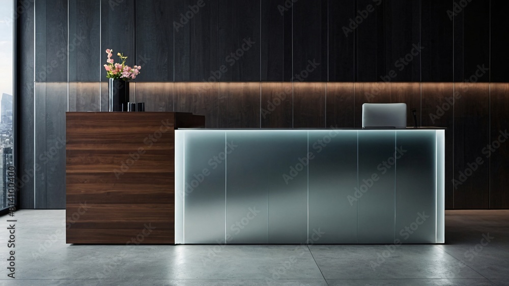 Create a reception desk made of transparent acrylic or glass panels ...