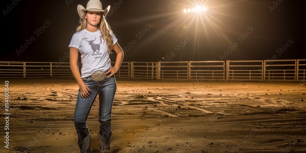 Rodeo Night: A cheerful cowgirl in jeans and a cowboy hat, smiling ...