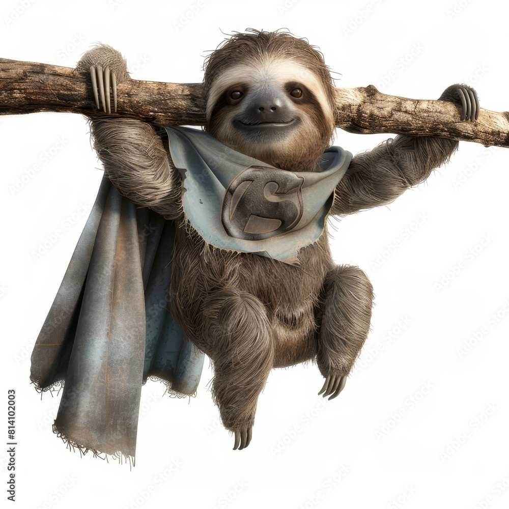 Cute animated sloth character hanging from a tree branch with a cape ...