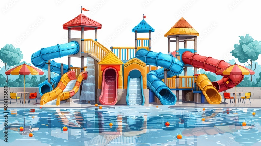 cartoon water park elements such as slides, beach chairs and umbrellas ...