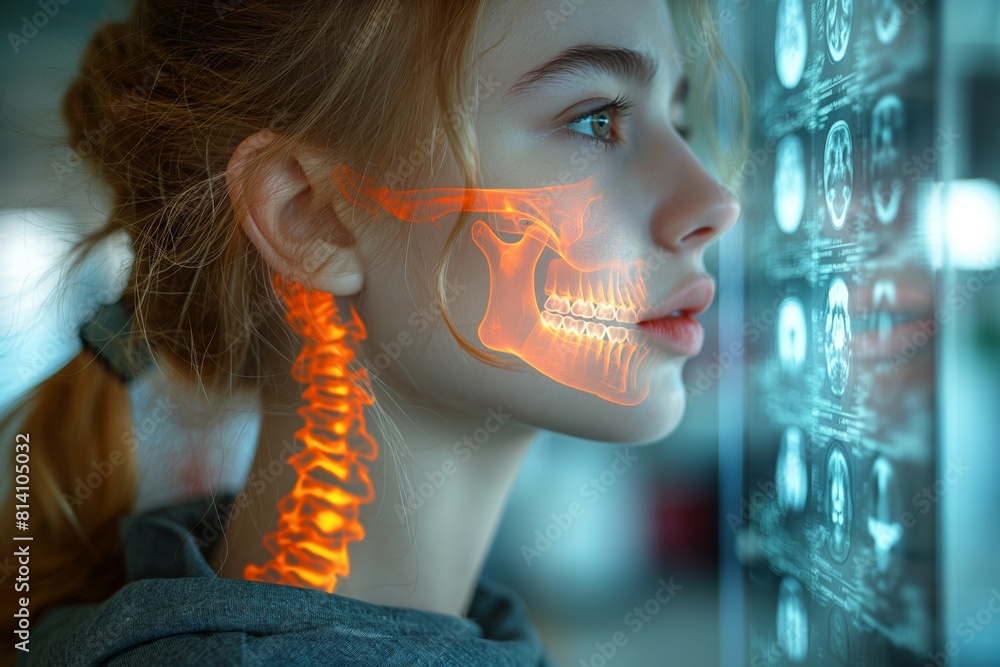 Closeup portrait of girl's face watching brain roentgen scans. Her ...