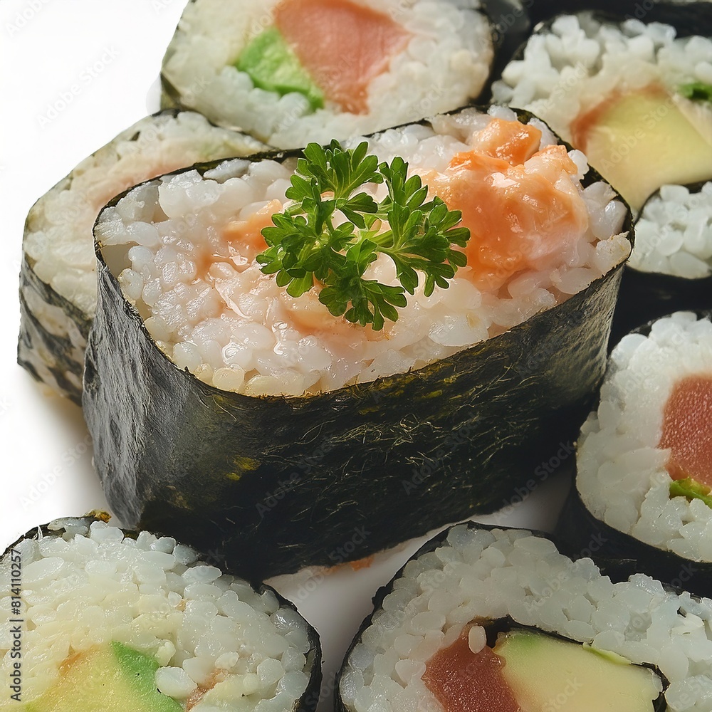 Salmon sushi sashimi uncooked fish on white rice isolated on a White ...