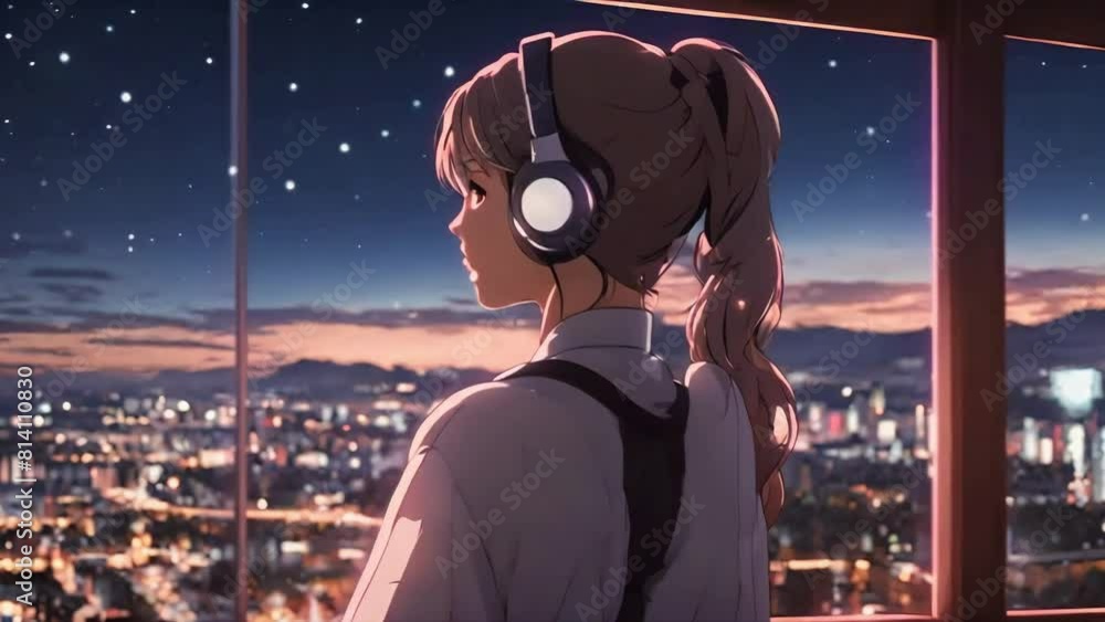 Lofi animation 3d cartoon character girl listening to music in ...
