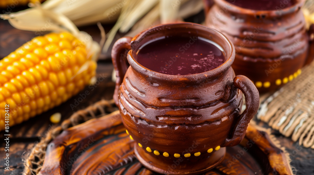 Peruvian chicha morada in a clay cup, corn husks background Stock Photo ...