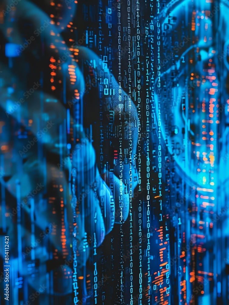 Enhance the image to show a glowing blue circuit board with binary code running through it. Make ...