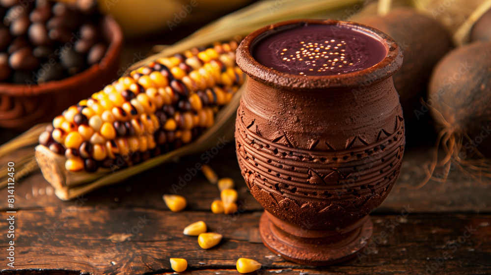 Perfect photo, stock photo style, Peruvian chicha morada in a clay cup ...