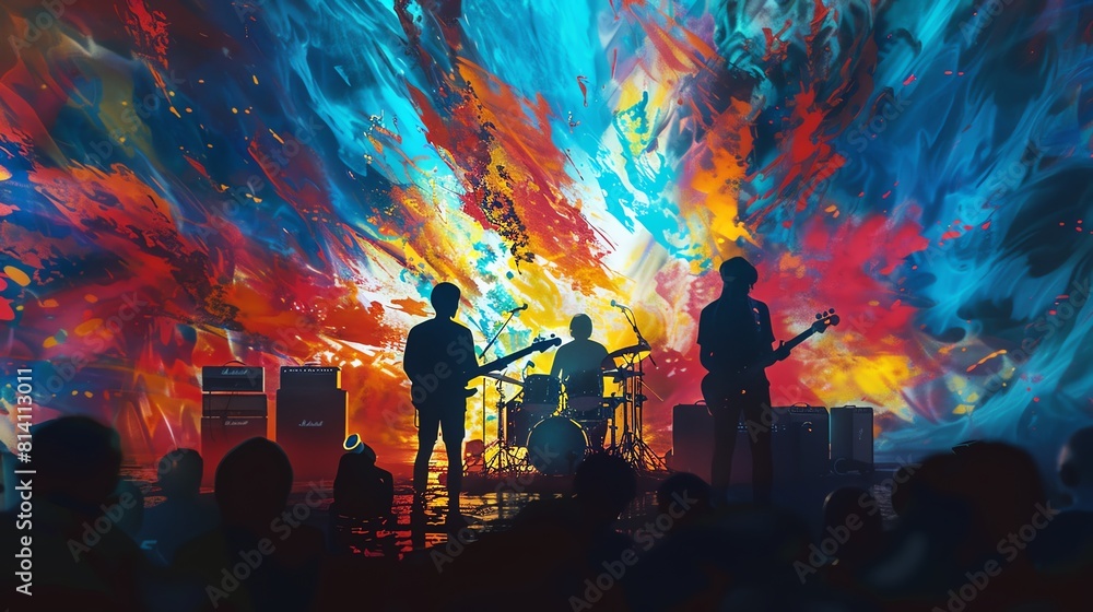 A rock band is playing on a stage. The background is a colorful ...