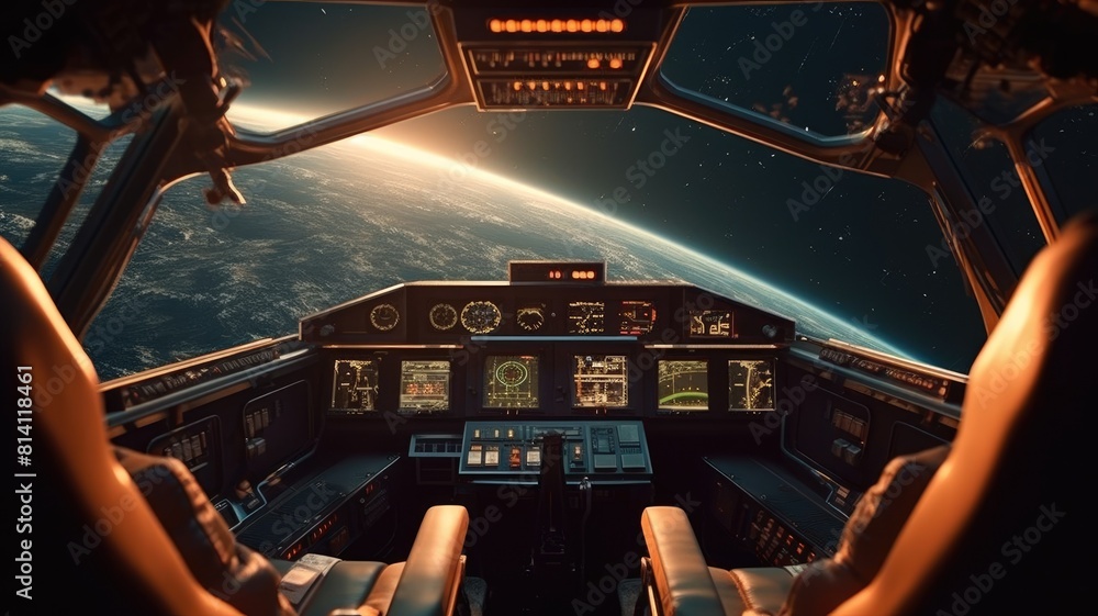 Futuristic spaceship cockpit interior with a view of space station and ...