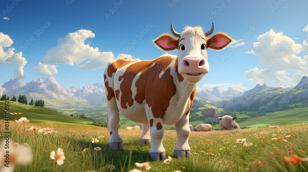 Cartoon cow in a vibrant meadow with mountains in the background. Stock ...