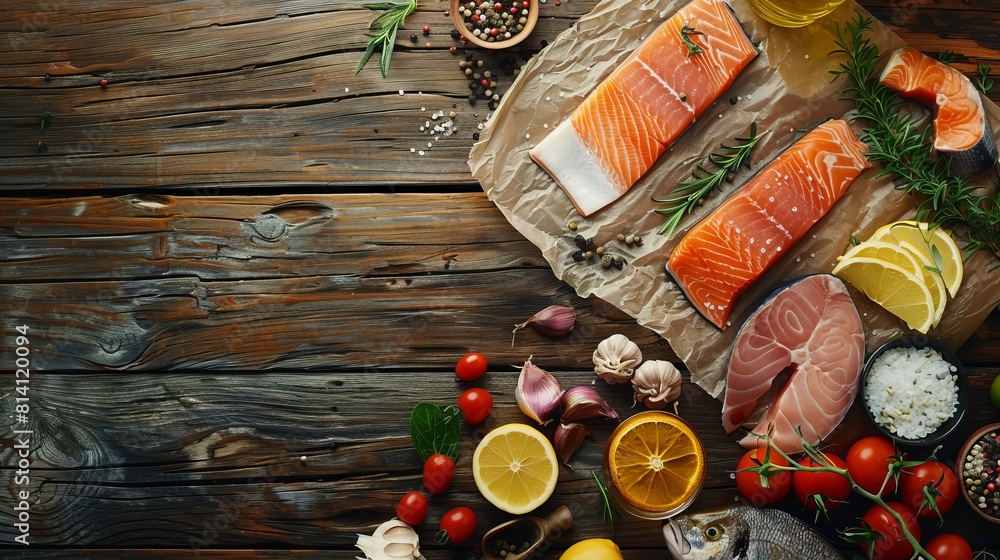 Variety of fresh fish products on the top view background Stock Photo ...