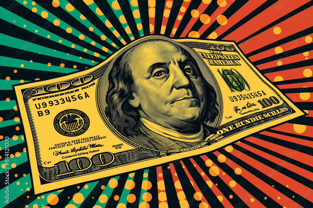 A dollar bill with a face on it is shown in a colorful, psychedelic ...