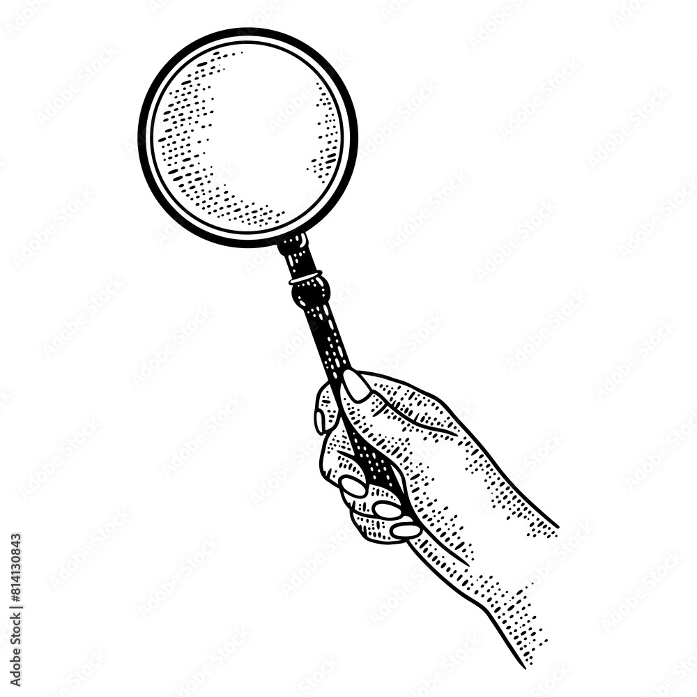 magnifying glass in hand sketch engraving PNG illustration. T-shirt ...