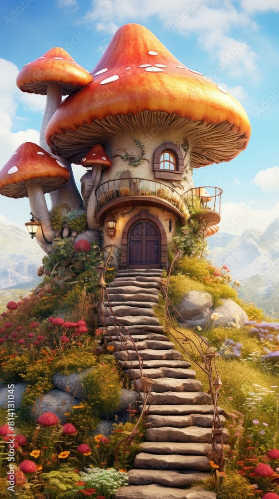 A mushroom house sits atop a hill with stairs leading up to it. The ...