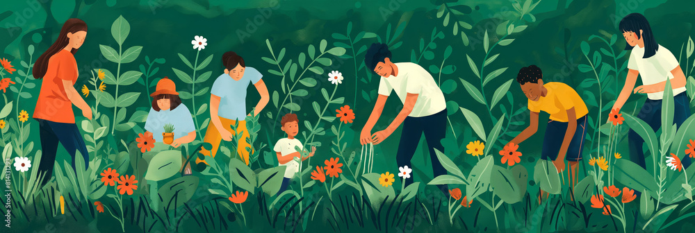 Community garden day, diverse group of people gardening together ...