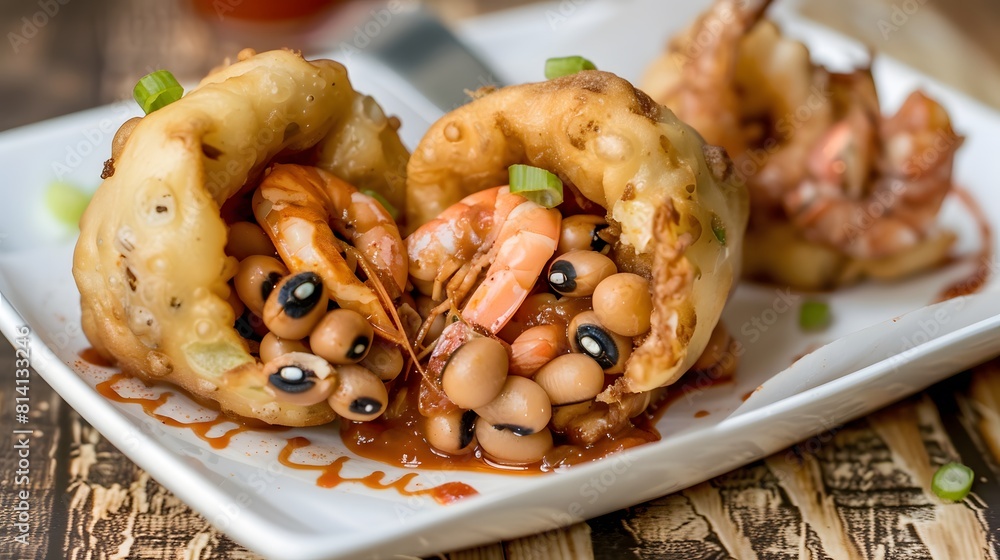 Acarajé, a deep-fried fritter made from black-eyed peas and filled with ...