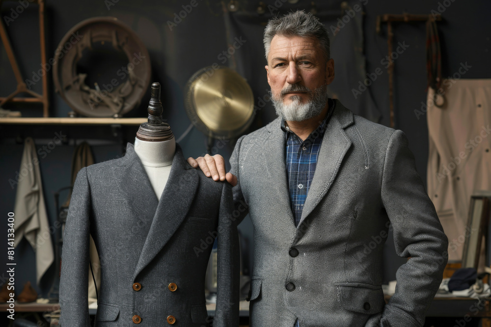 adult european man fashion designer stands with sewing mannequin ...