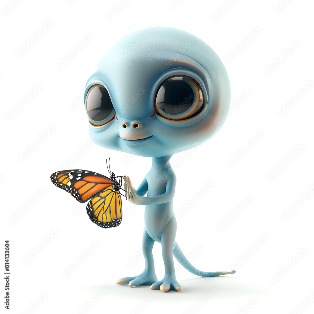 Cute blue cartoon alien with big eyes holds a beautiful butterfly and ...