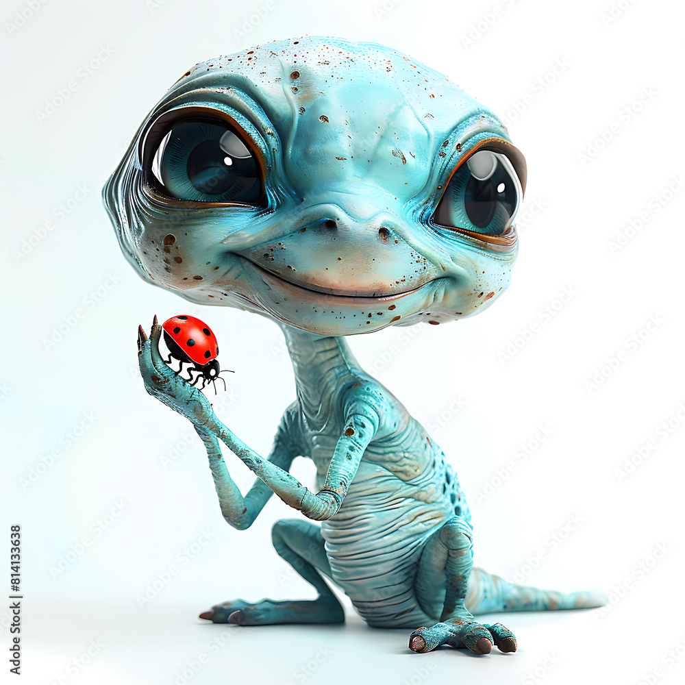 Cute blue cartoon alien with big eyes holds beautiful ladybug and is ...