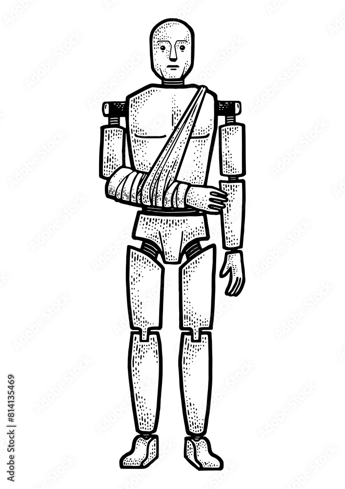 Crash test dummy with broken hand sketch engraving PNG illustration. T ...