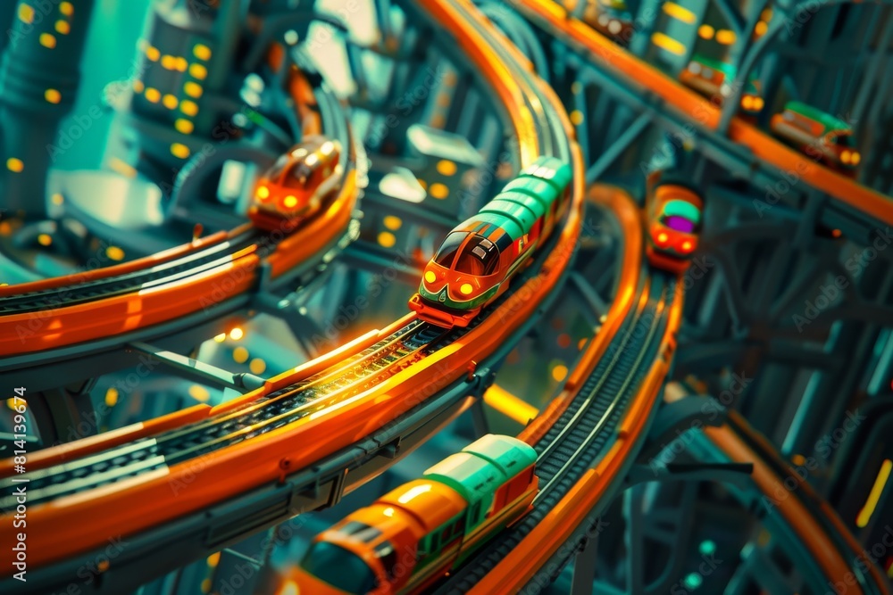 Colorful toy trains and tracks in a modern futuristic setting with ...