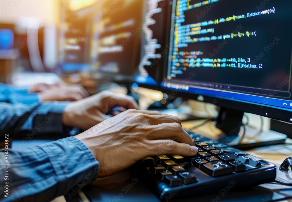 Programmer typing code on keyboard, screen displaying code. AI ... Programmer typing code on keyboard, screen displaying code. AI ...