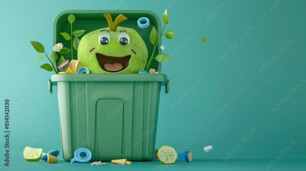 A playful illustration of a smiling garbage bin character, filled with ...