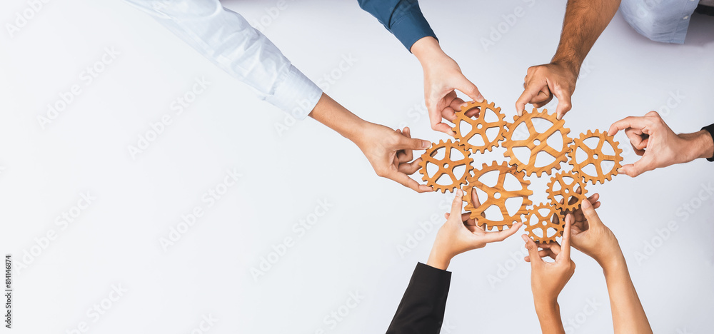 Top panorama banner of business team joining cogwheel in circular ...