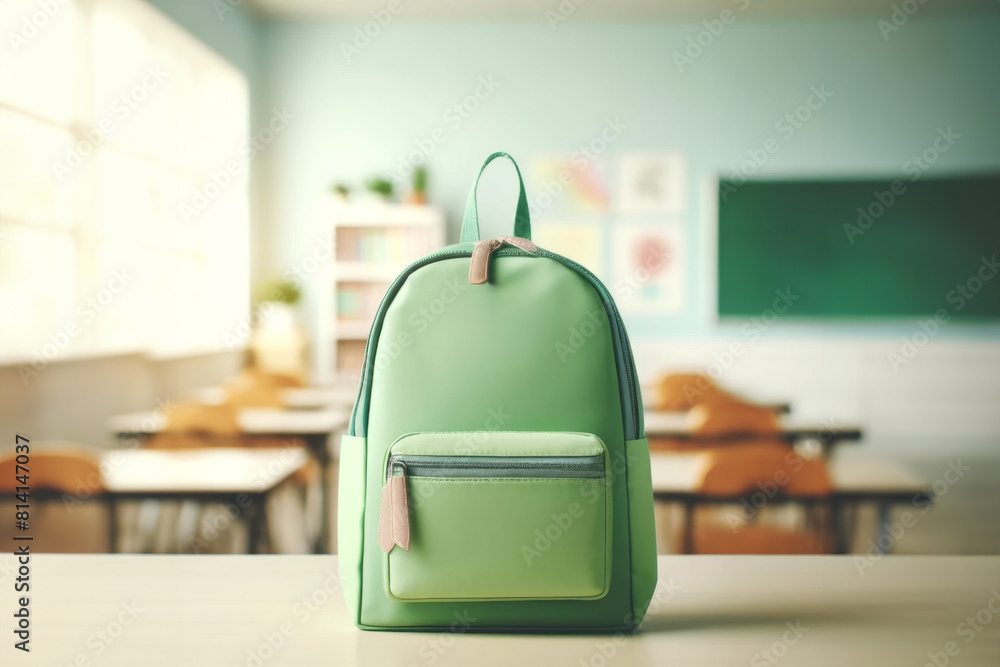 Sleek green backpack stands on a desk in a softly blurred classroom ...
