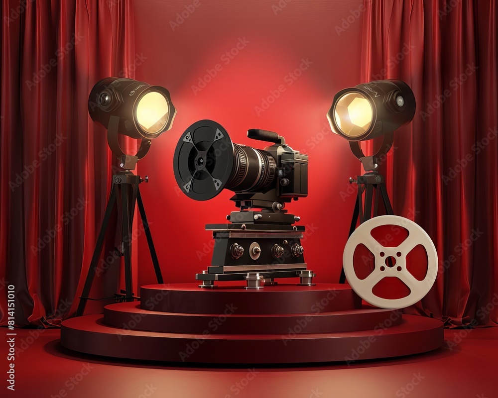 The image shows a movie camera on a red stage with spotlights on either ...