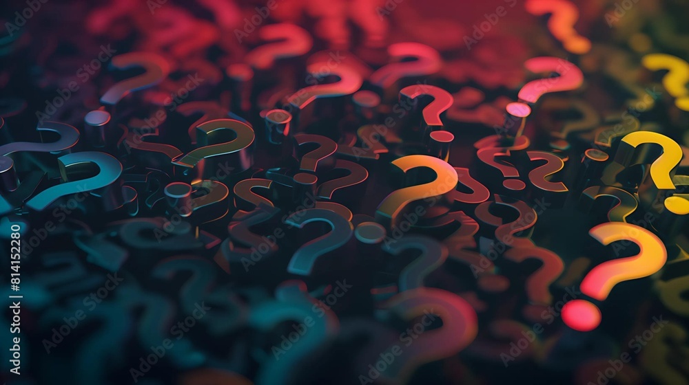 A dense array of metallic, 3D question marks in varying sizes ...