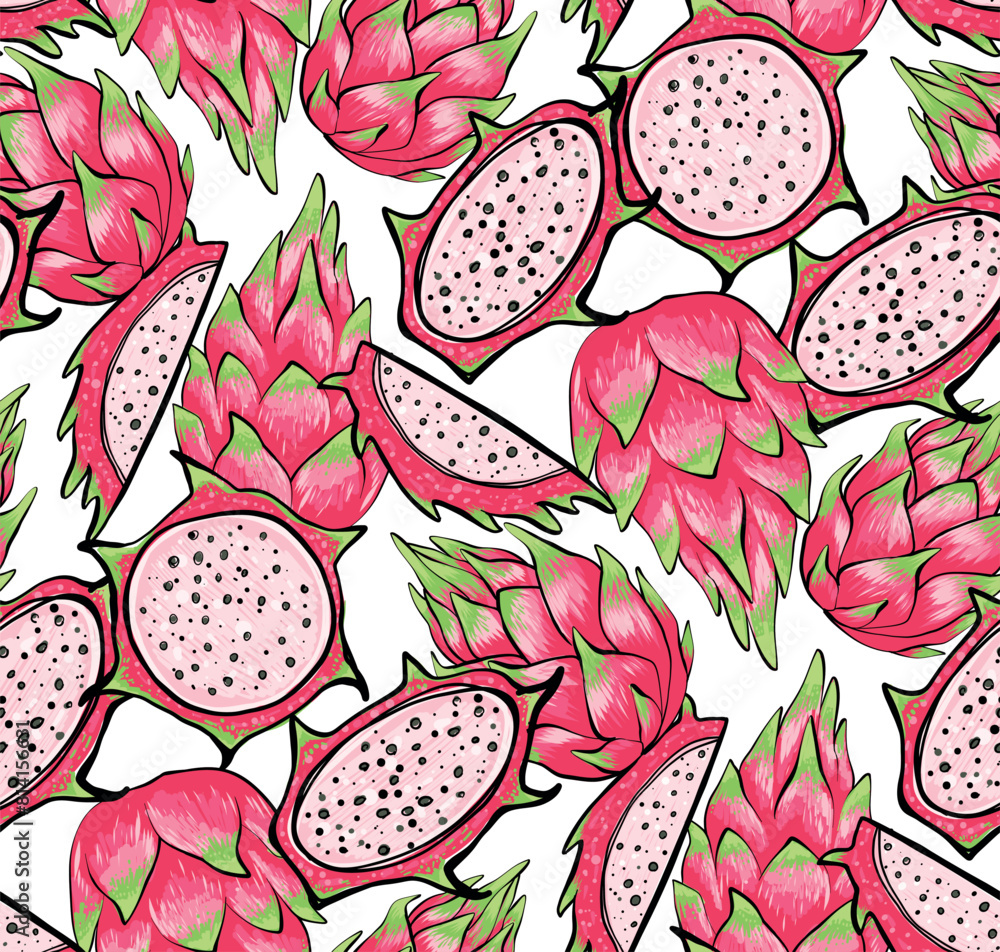 Seamless pattern with dragon fruits isolated on white background ...