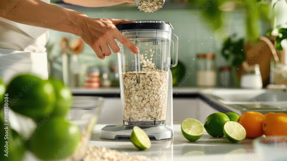 person scooping oats into a blender, preparing oat drink base for ...