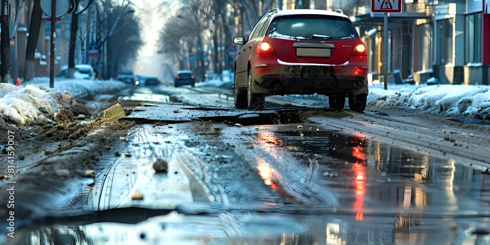 Vehicle maneuvering to avoid pothole on dilapidated road. Concept ...
