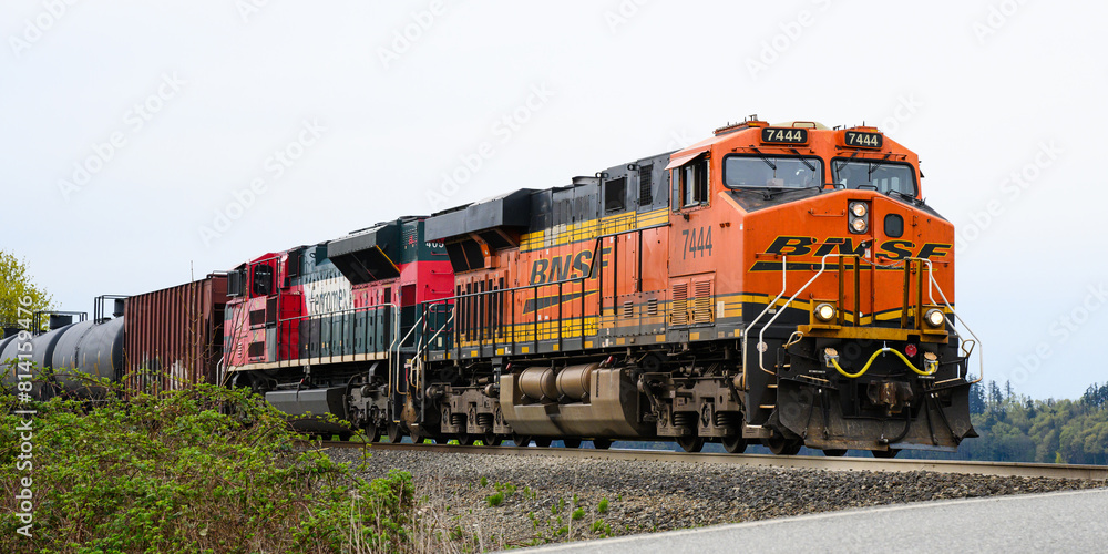 Stanwood, WA, USA - April 10, 2024; BNSF freight locomotive with ...