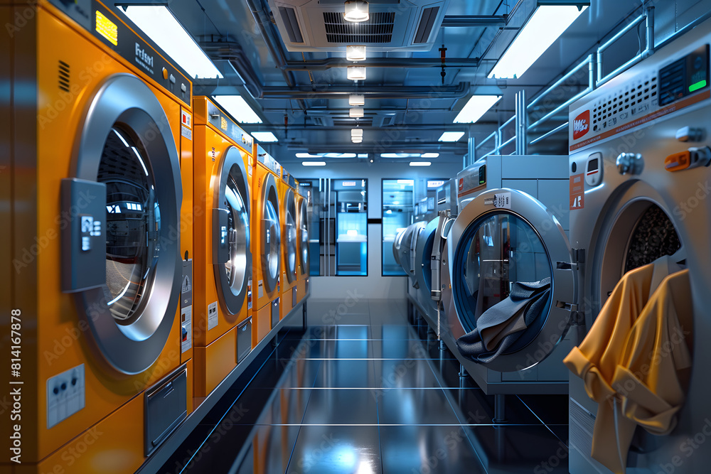 4 wet cleaning machines with clothes inside them, in a modern hi-tech ...