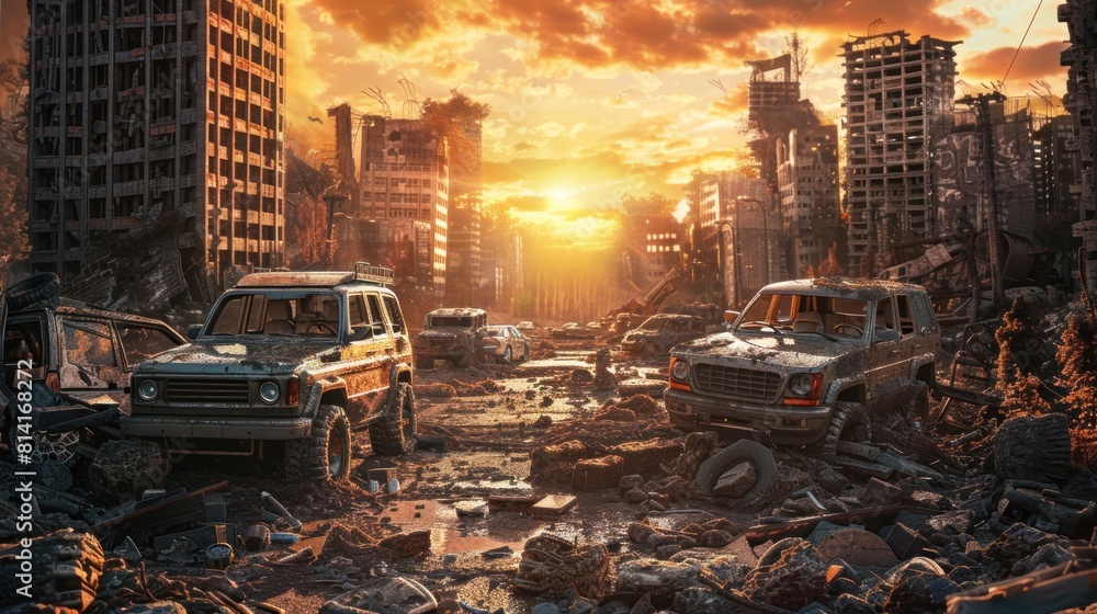 Views of cities and cars destroyed by war and disasters in the future ...