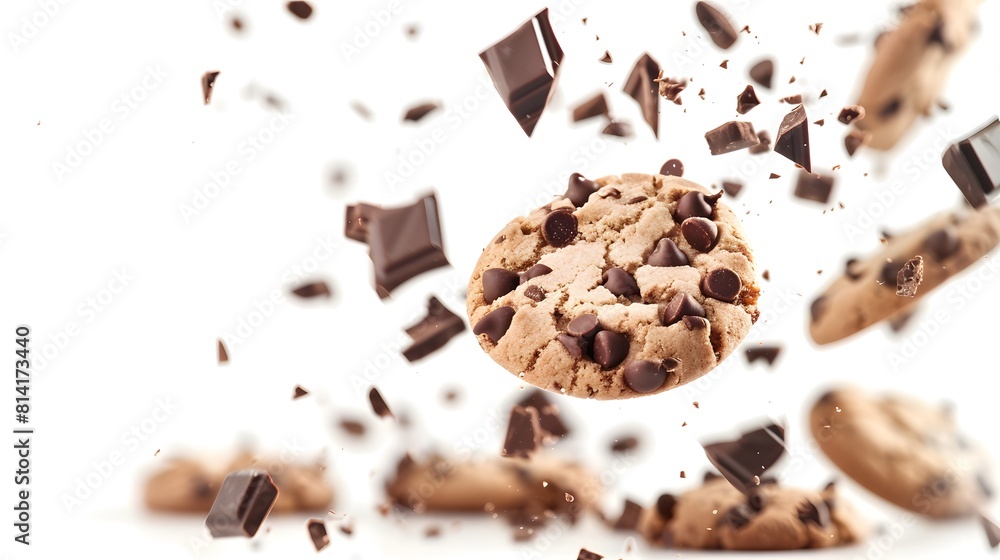 Cookies chocolate falling with choc flake in the air isolated on ...
