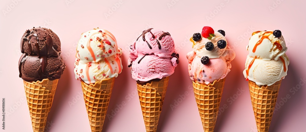 Set of various ice cream scoops in waffle cones isolated on peach pink ...