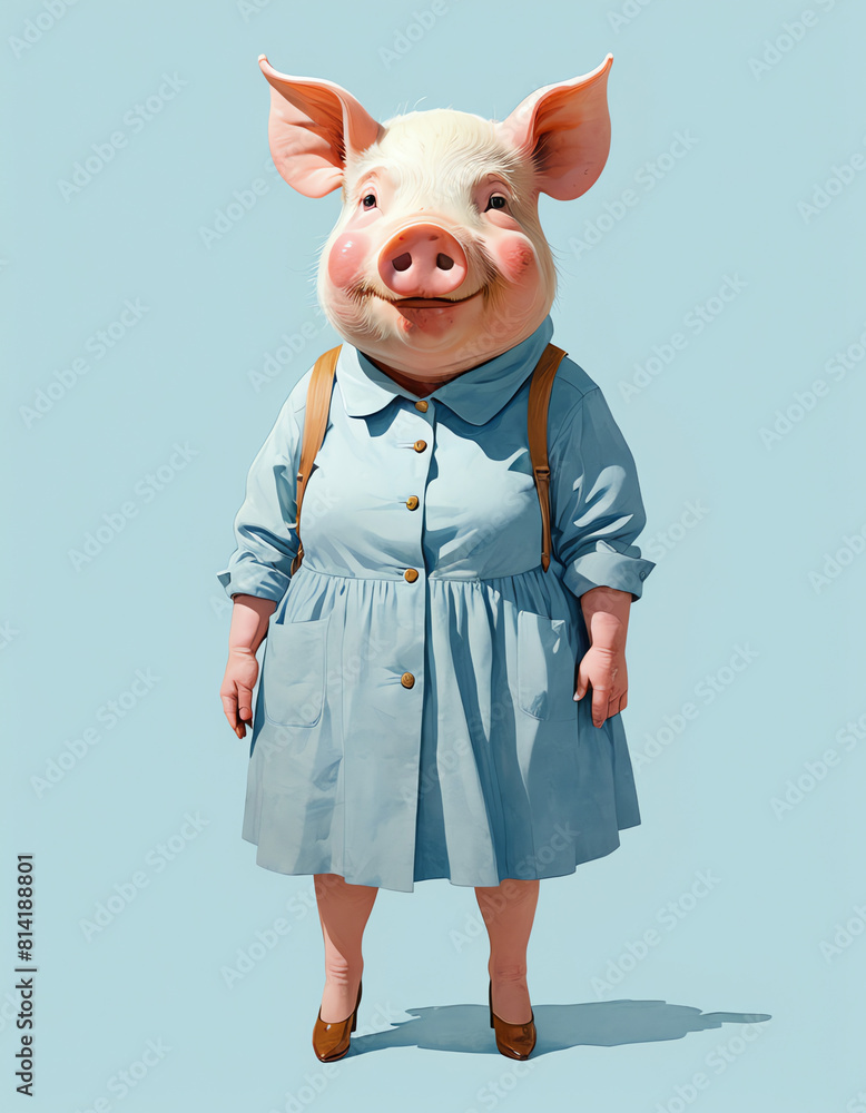Pig in a Dress. A digital painting of a pig wearing a blue dress. The ...