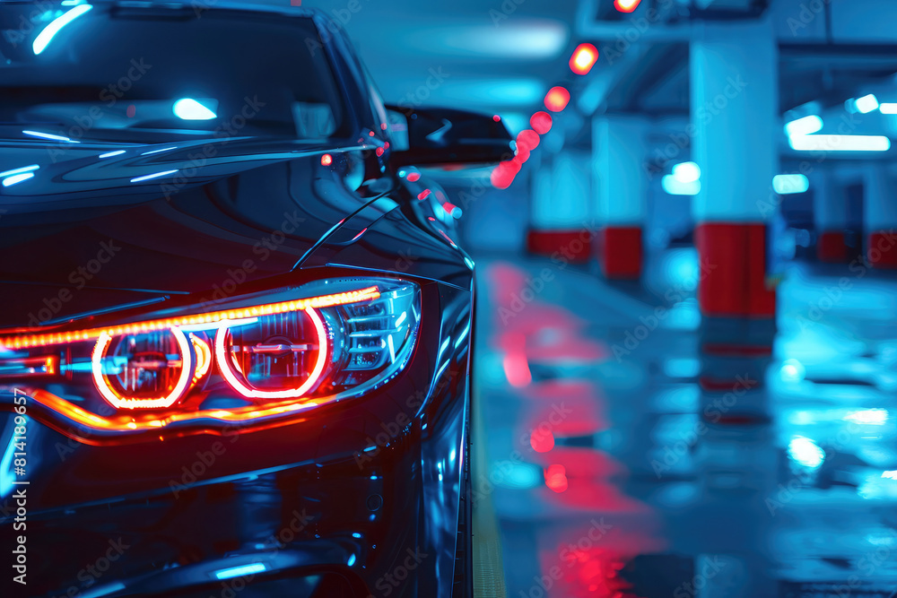 Close-up shot of the front corner of a sleek black car, highlighting ...
