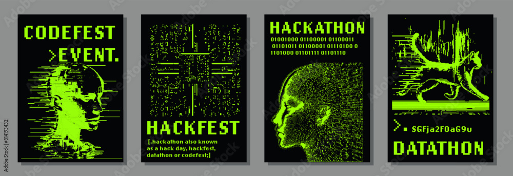 Set Of Retrofuturistic Posters For Hackathon Also Known As A Hack Day Hackfest Datathon Or