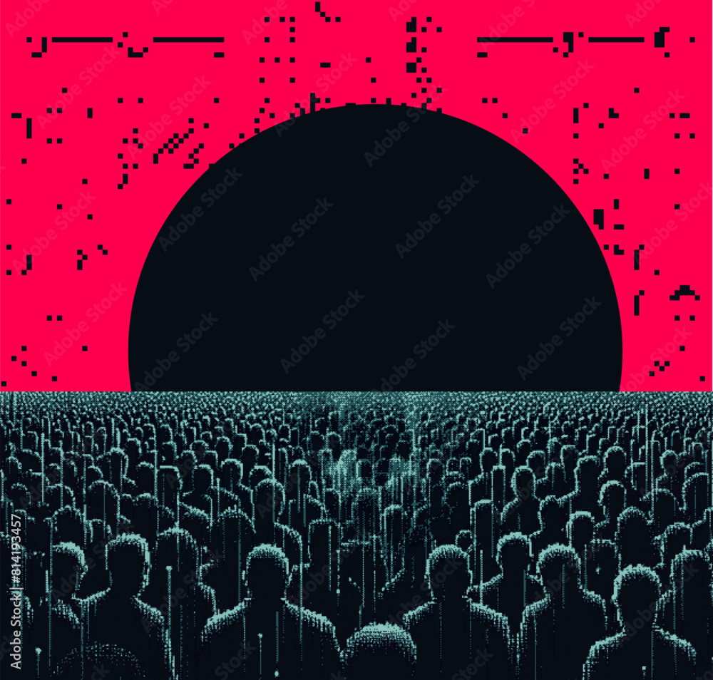 Retrofuturistic pixel art illustration depicting a human crowd standing ...