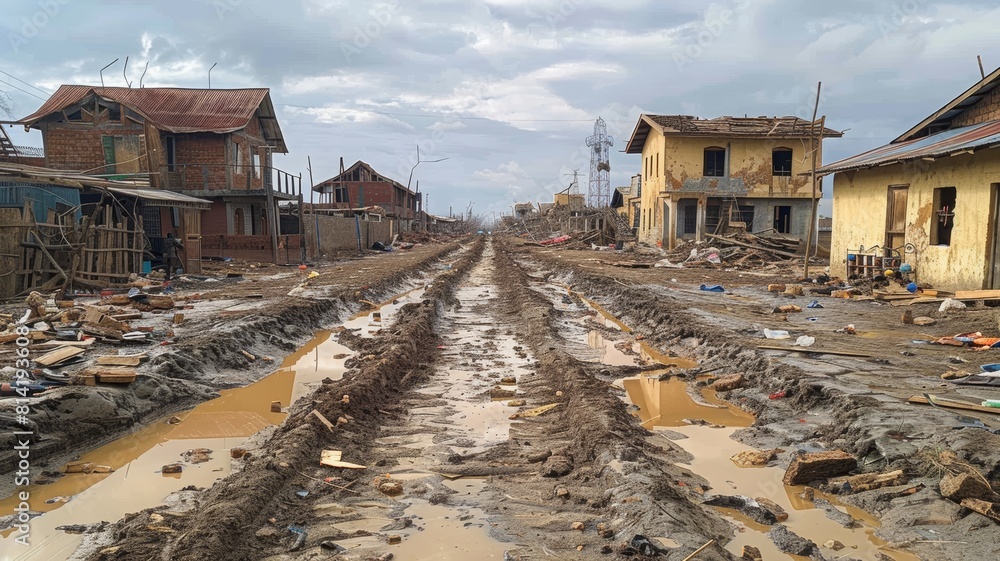 The photo shows the aftermath of a natural disaster. The road is ...