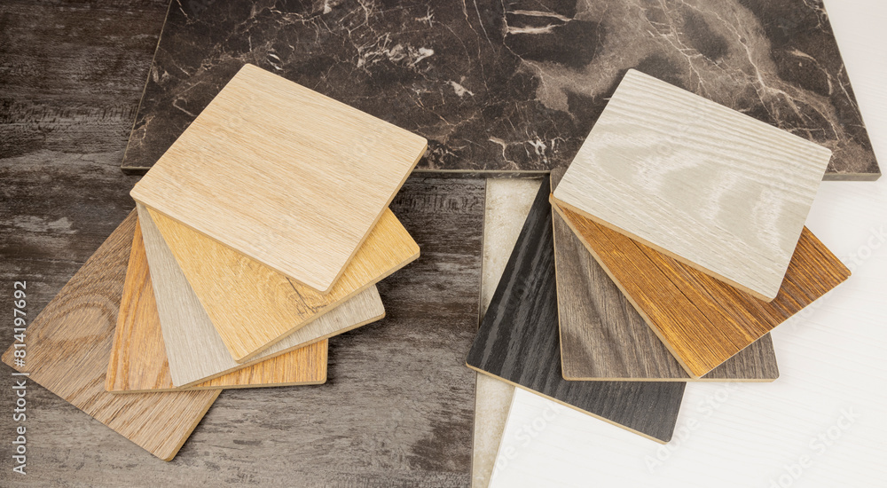 Tree-like samples of MDF laminated material. Concept of furniture and ...