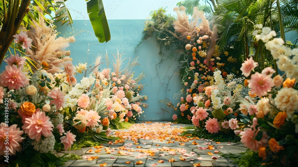 Wedding ceremony background decoration with plant and bouquets flowers ...