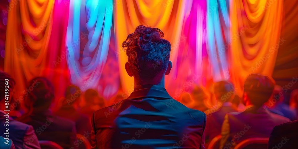 Colorful circus banners frame performers in team meeting with backs ...