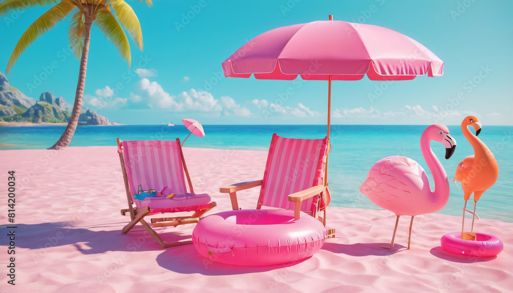 A sand islet surrounded by the sea with beach symbols, summer, very ...