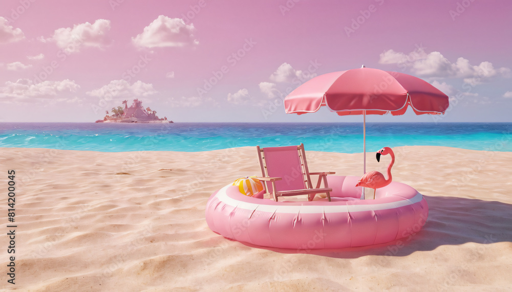 A sand islet surrounded by the sea with beach symbols, summer, very ...