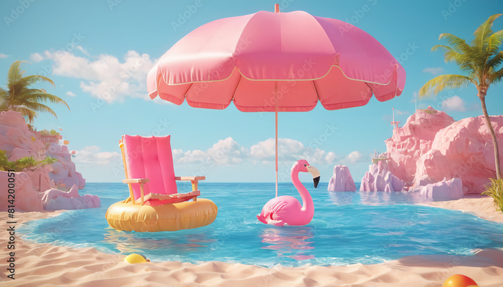 A sand islet surrounded by the sea with beach symbols, summer, very ...