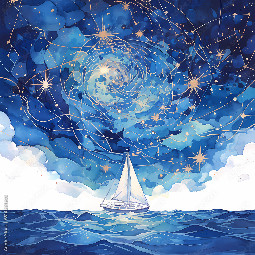 Embark on a celestial journey with this enchanting watercolor seascape ...